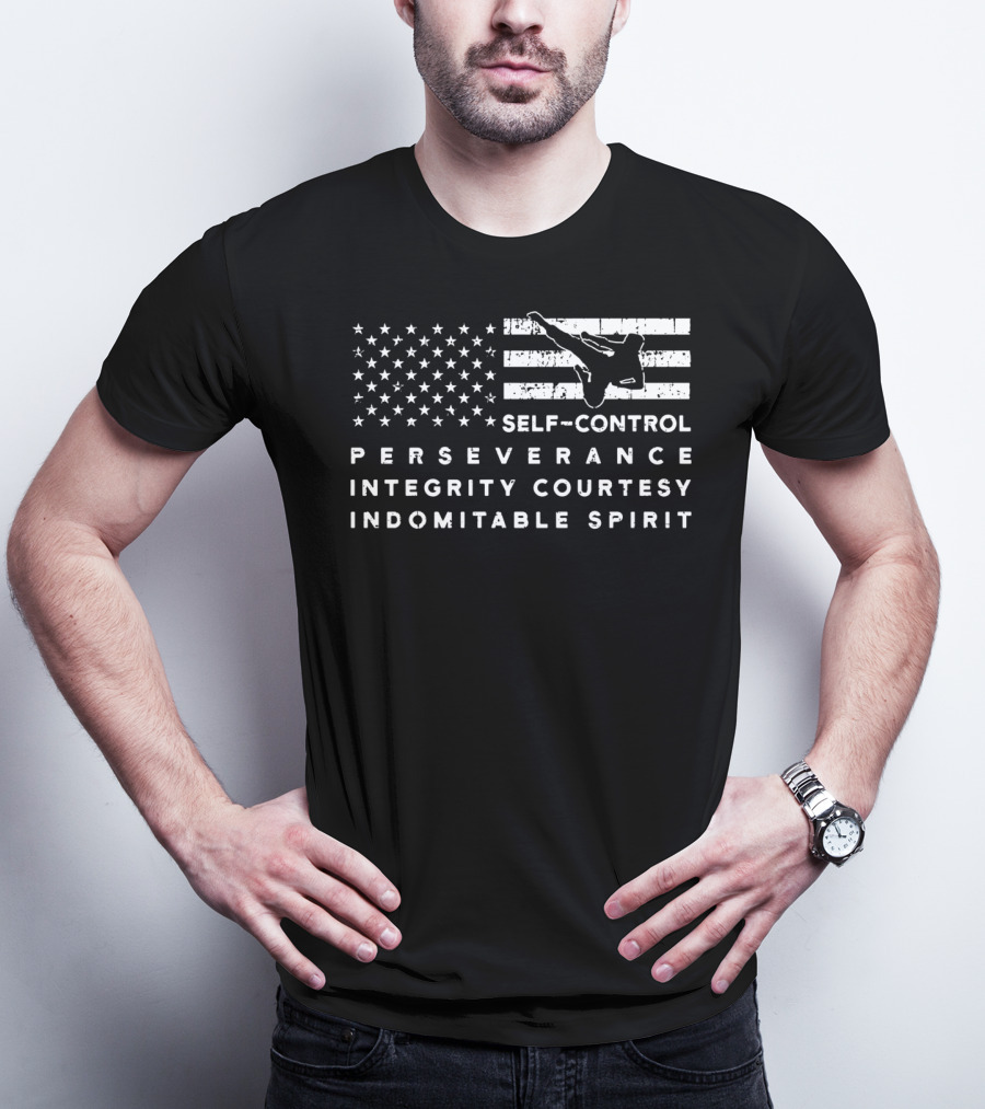 Vintage American Flag Taekwondo Self-Control Perseverance Integrity Courtesy Indomitable Spirit T-Shirt