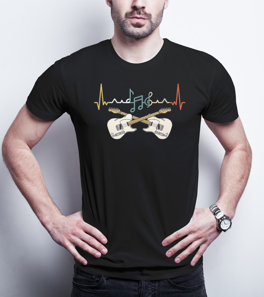 Vintage Guitar Heartbeat Musical Notes Electric Guitarist T-Shirt