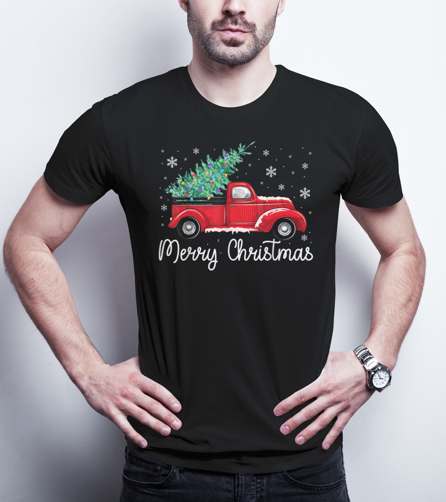 Vintage Red Truck With Christmas Tree And Merry Christmas Snowflakes T-Shirt