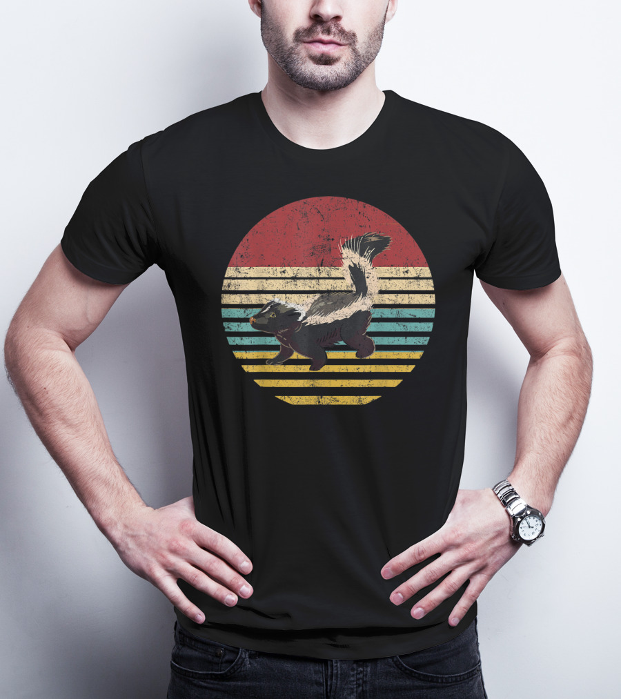 Retro Striped Sunset With Vintage Skunk Lovers T-Shirt
