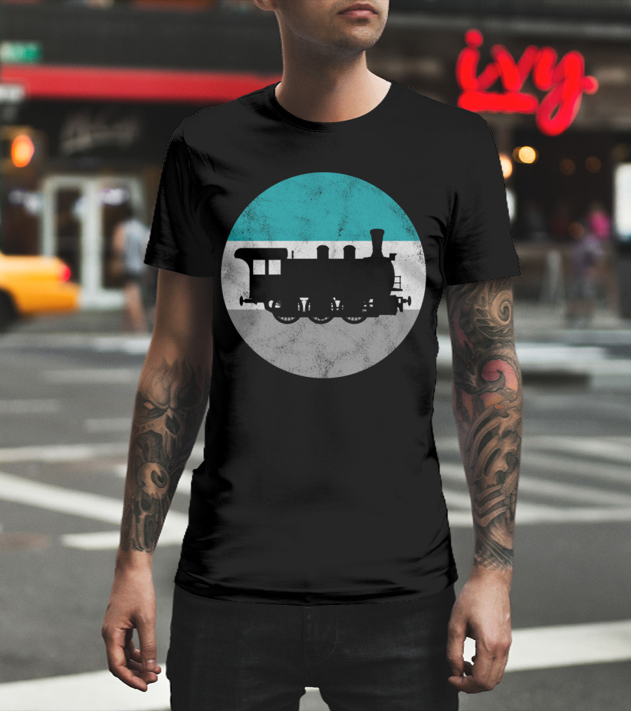 Vintage Steam Train Silhouette In Retro Circle T-Shirt