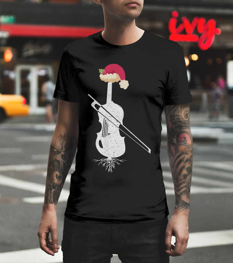 Violin Santa Hat Christmas Tree Vintage Style Holiday Decor T-Shirt
