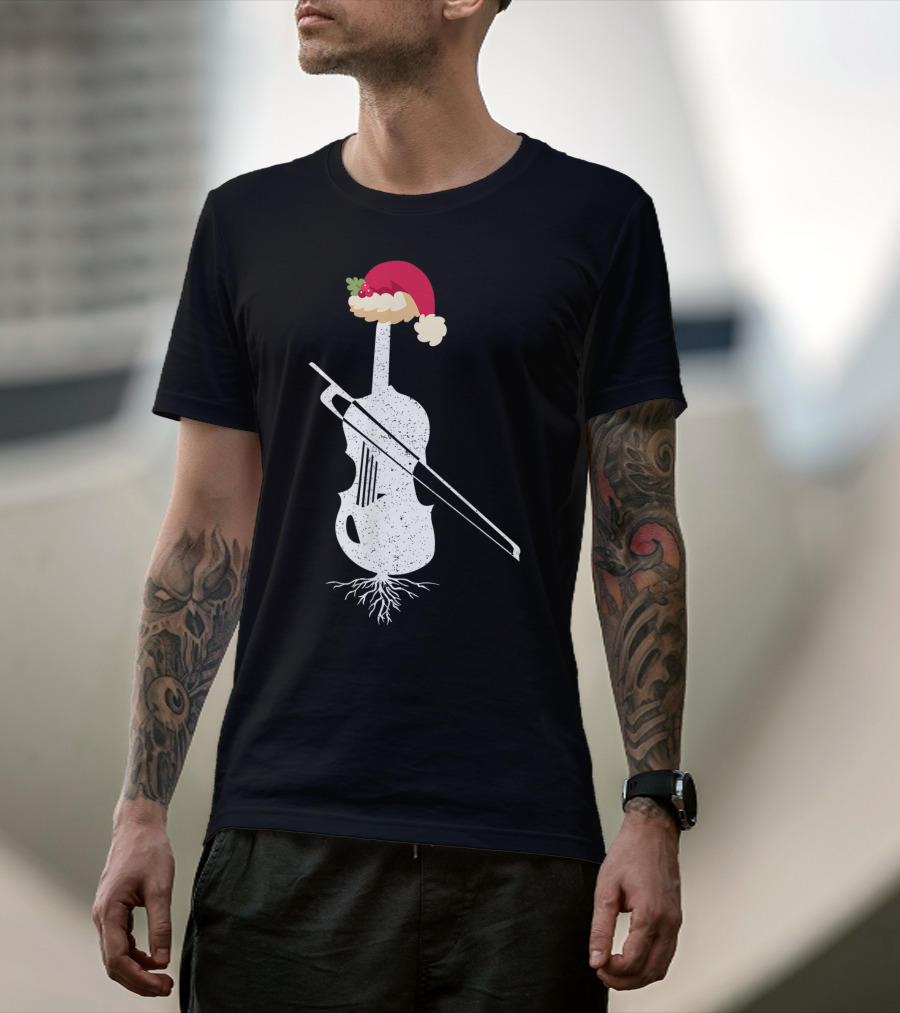 Violin Santa Hat Christmas Tree Vintage Style Holiday Decor T-Shirt