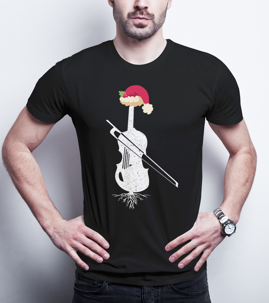 Violin Santa Hat Christmas Tree Vintage Style Holiday Decor T-Shirt
