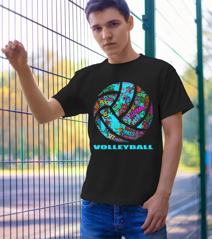 Volleyball Block Serve Dig Set Pass Spike Victory Words Colorful Ball T-Shirt