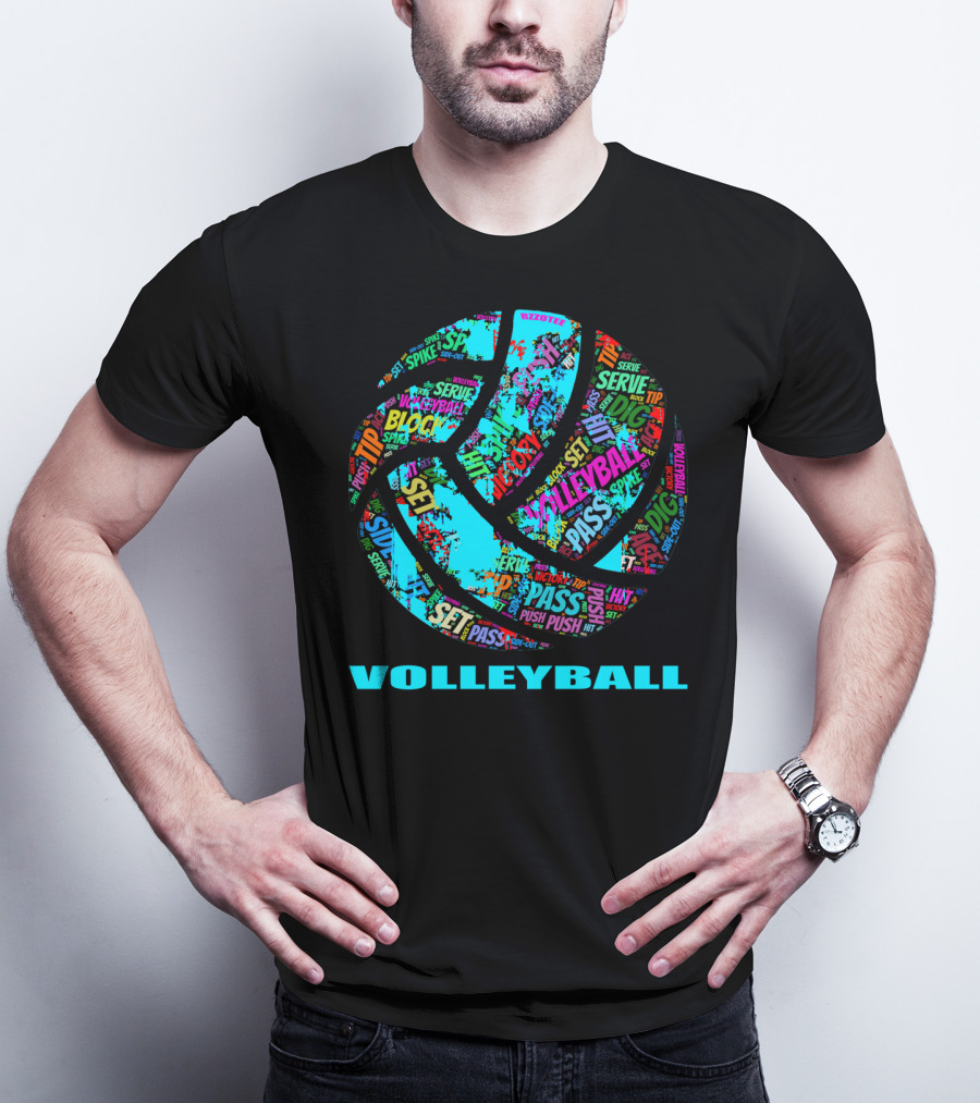 Volleyball Block Serve Dig Set Pass Spike Victory Words Colorful Ball T-Shirt
