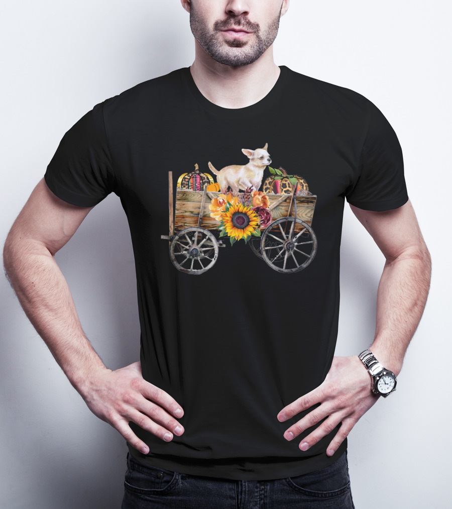 White Chihuahua In Wagon With Pumpkin And Sunflower T-Shirt