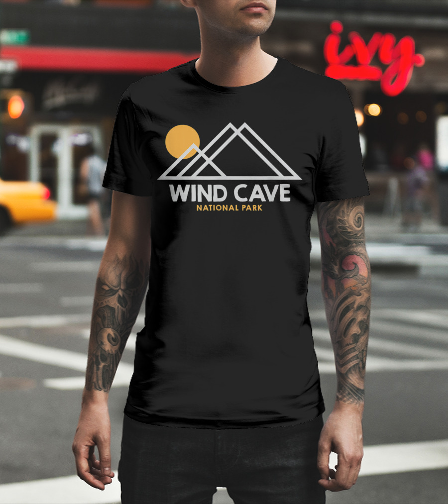 Wind Cave National Park South Dakota Outline Mountain Sun T-Shirt