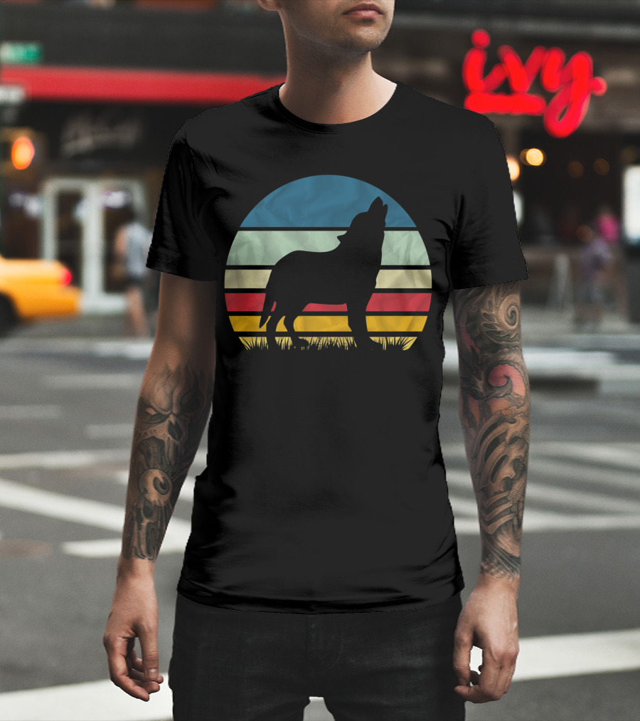Retro Wolf Silhouette Vintage Sunset Stripes T-Shirt
