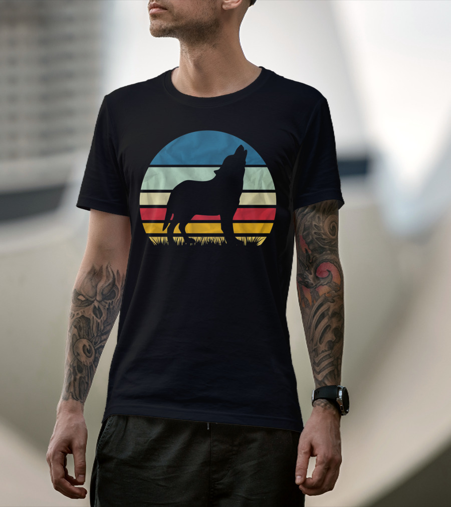 Retro Wolf Silhouette Vintage Sunset Stripes T-Shirt
