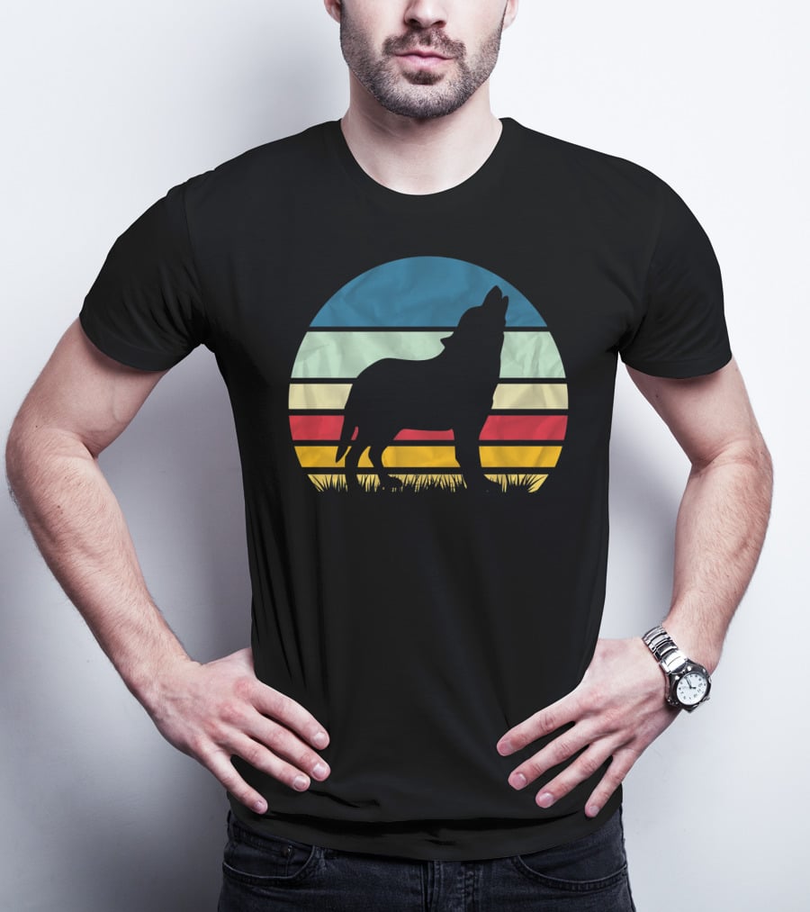 Retro Wolf Silhouette Vintage Sunset Stripes T-Shirt