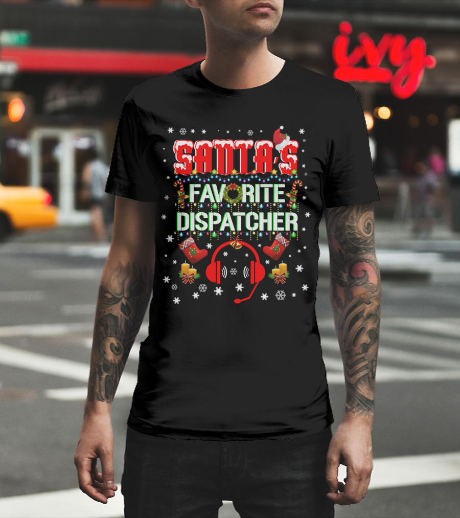 Santa's Favorite Dispatcher Headset Christmas Snowflakes Candles Stockings T-Shirt