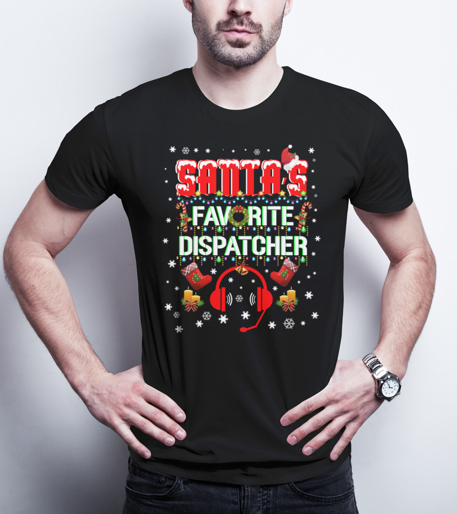 Santa's Favorite Dispatcher Headset Christmas Snowflakes Candles Stockings T-Shirt