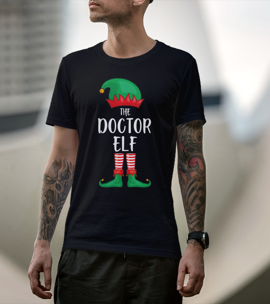 The Doctor Elf Christmas Party Jester Hat And Striped Tights T-Shirt