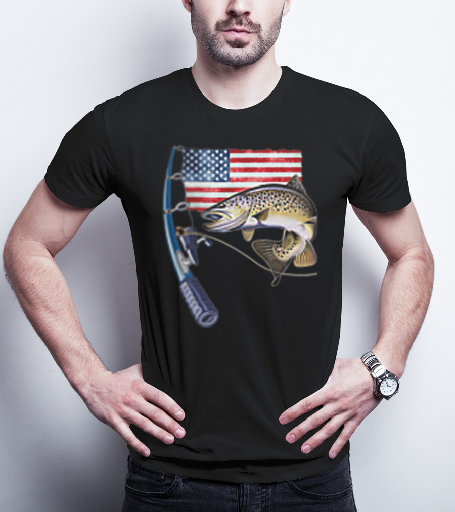 Fishing Hooked On A Feeling American Flag Rod Fish T-Shirt