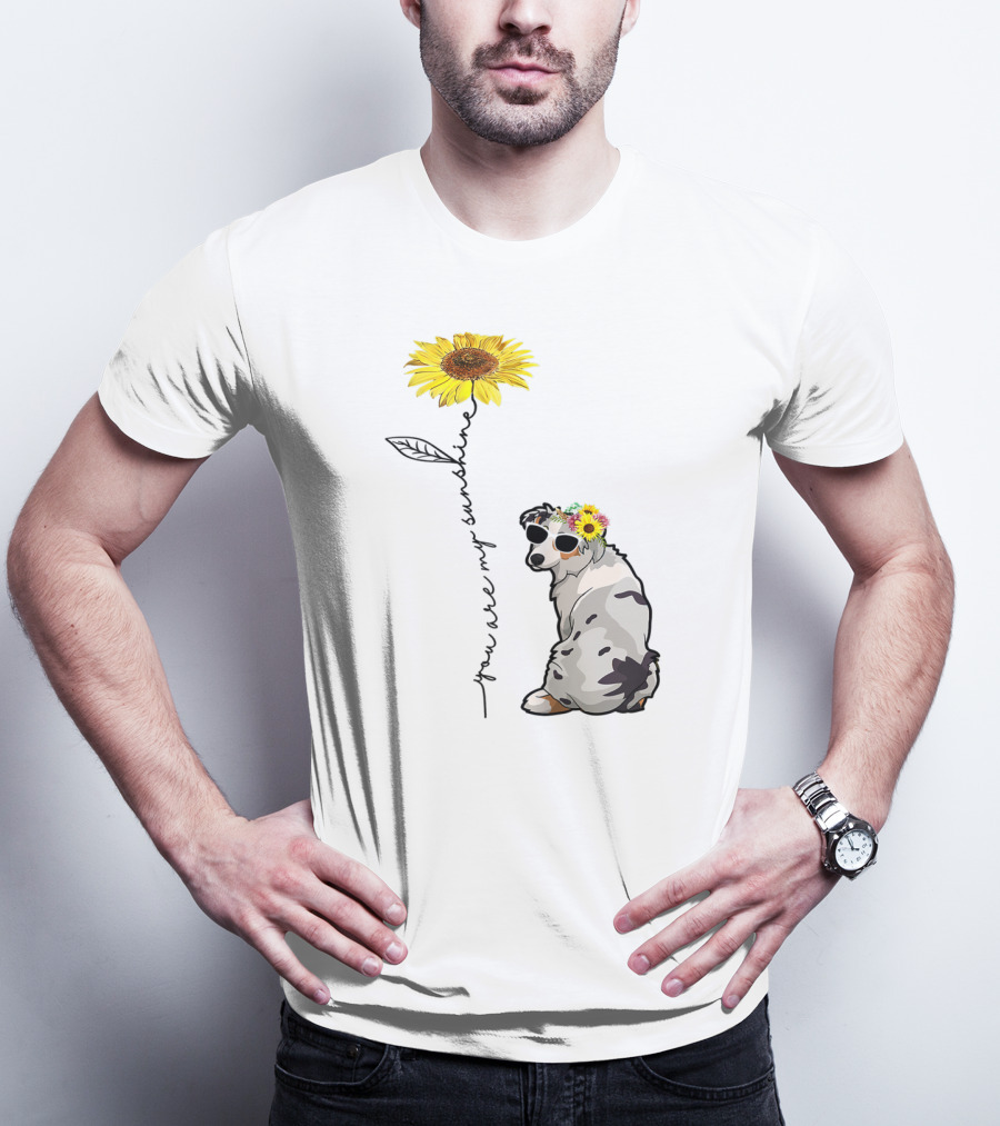 You Are My Sunshine Australian Shepherd Sunflower Sunglasses And Flower Crown T-Shirt