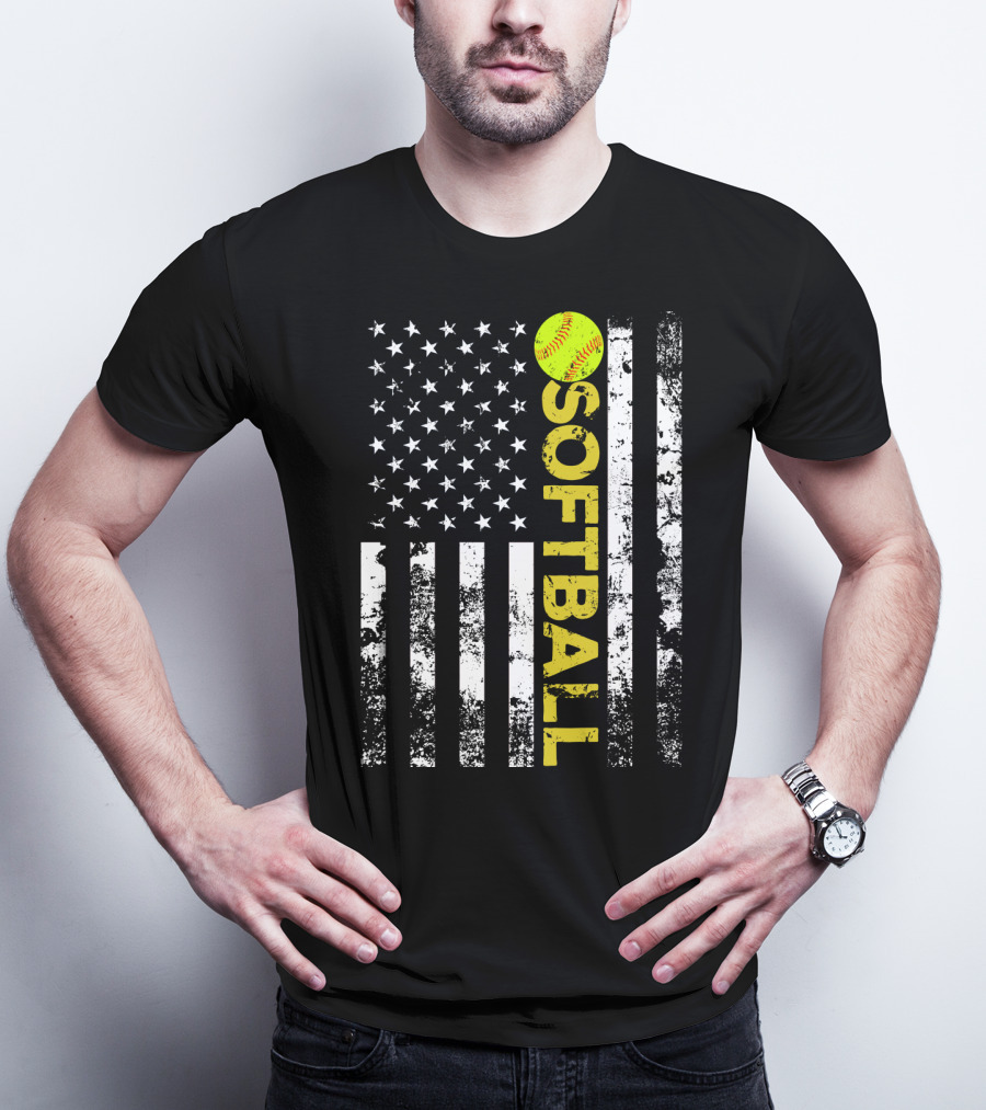 American Flag Softball Vertical Text With Yellow Softball T-Shirt