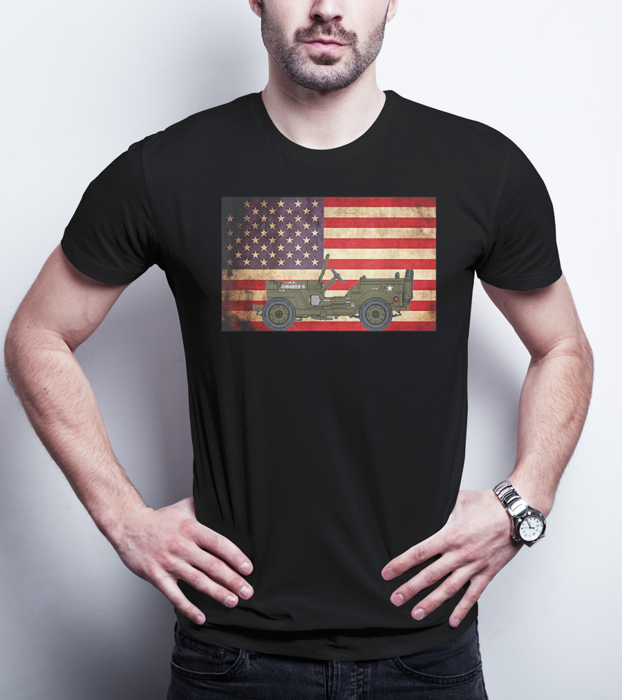 American USA Flag Willys Jeep WW2 Military Army Vehicle Stars And Stripes Vintage Retro Iconic T-Shirt
