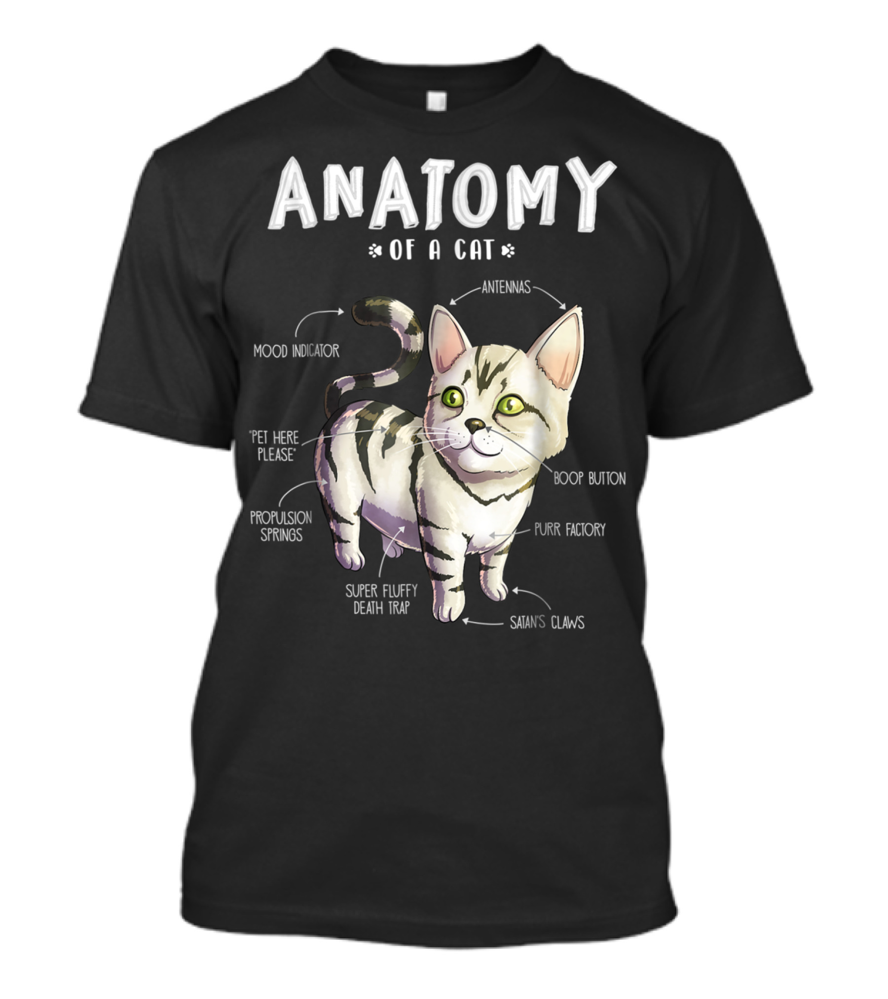 Anatomy Of A Cat Mood Indicator Antennas Super Fluffy Death Trap Boop Button Cute Funny Kitten Pet T-Shirt