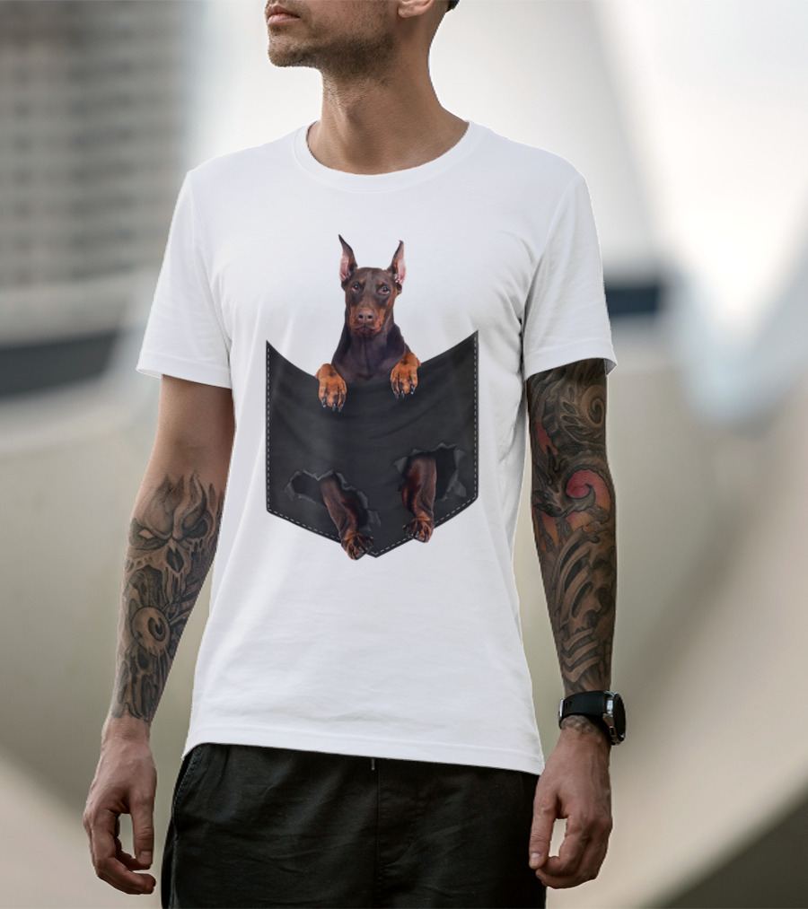 Doberman Pinscher Peeking From Ripped Pocket T-Shirt