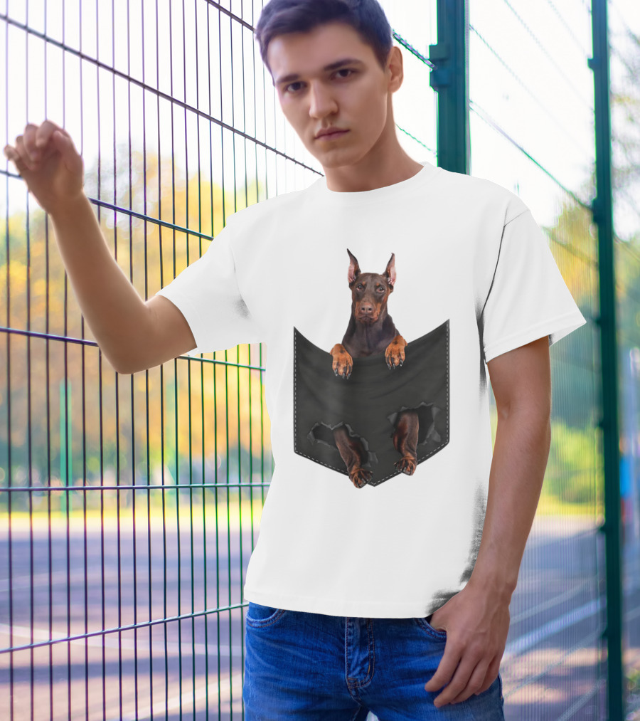 Doberman Pinscher Peeking From Ripped Pocket T-Shirt