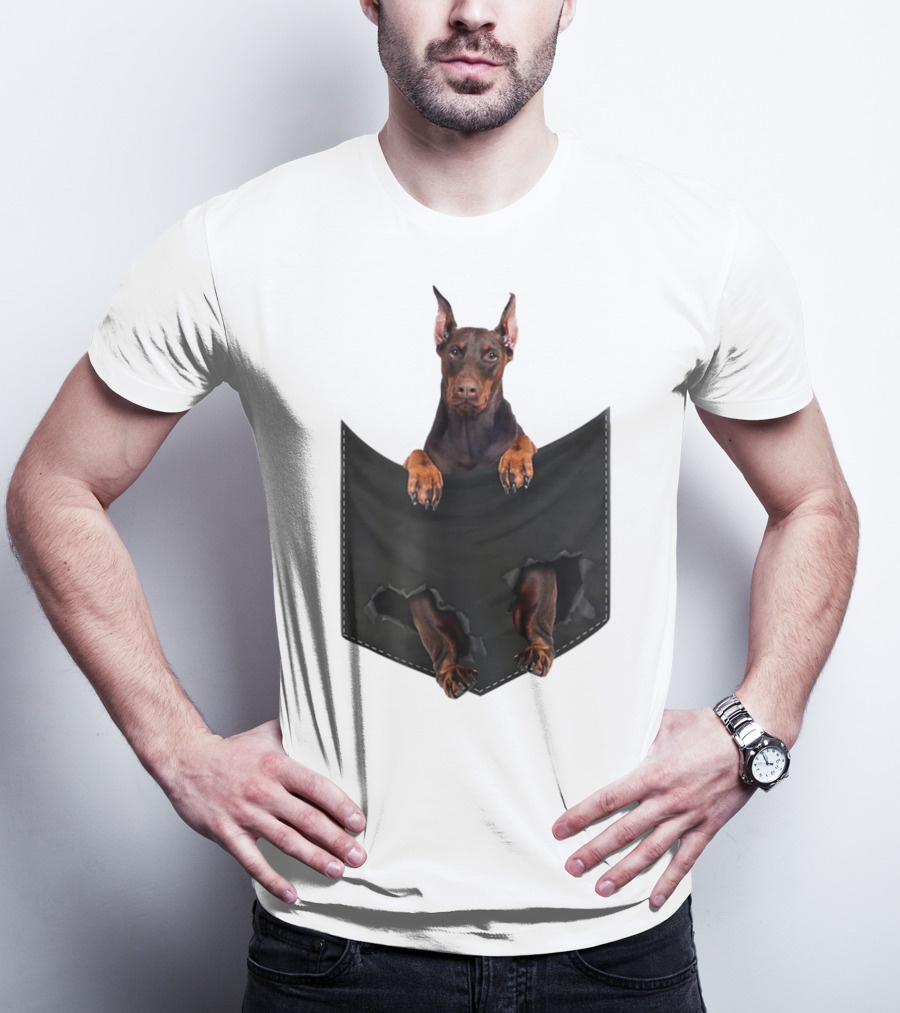 Doberman Pinscher Peeking From Ripped Pocket T-Shirt