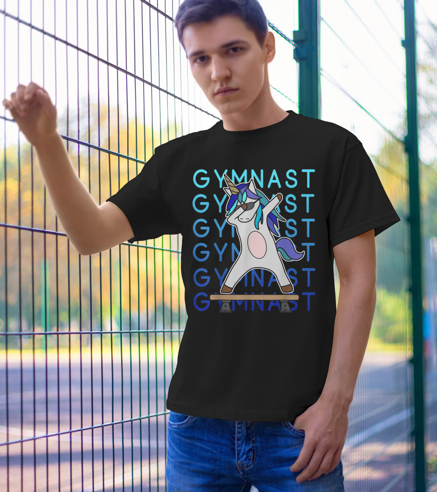 Gymnast Dabbing Unicorn With Blue Mane On Balance Beam For Girls Gymnastics T-Shirt