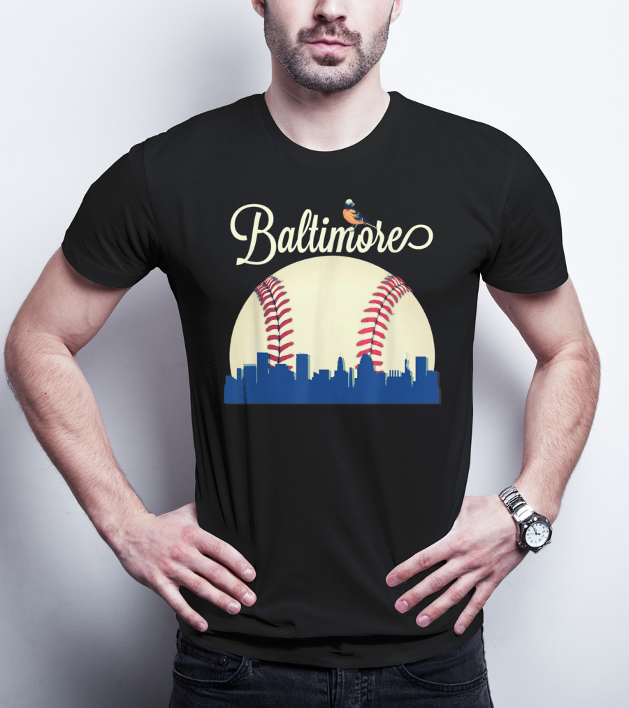 Baltimore Skyline With Baseball And Oriole Bird T-Shirt
