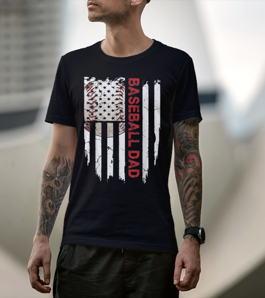 Baseball Dad American Flag Patriotic Stars Stripes Sports Enthusiast T-Shirt