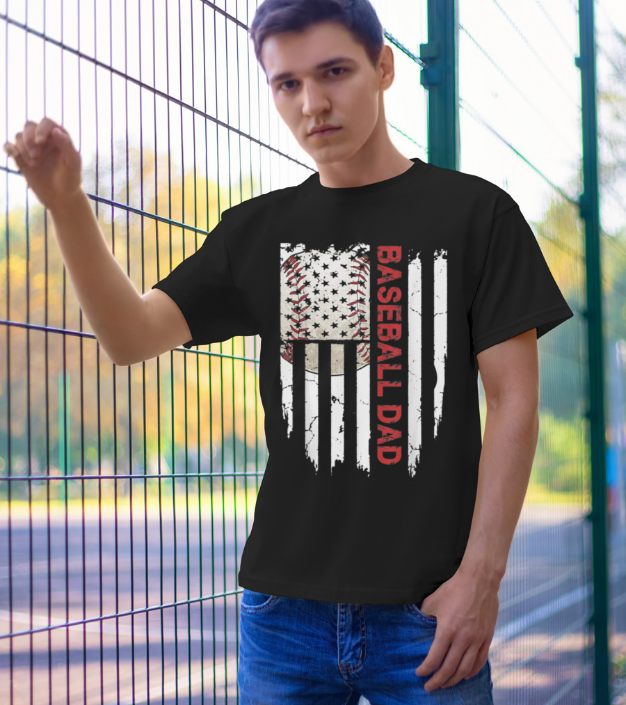 Baseball Dad American Flag Patriotic Stars Stripes Sports Enthusiast T-Shirt