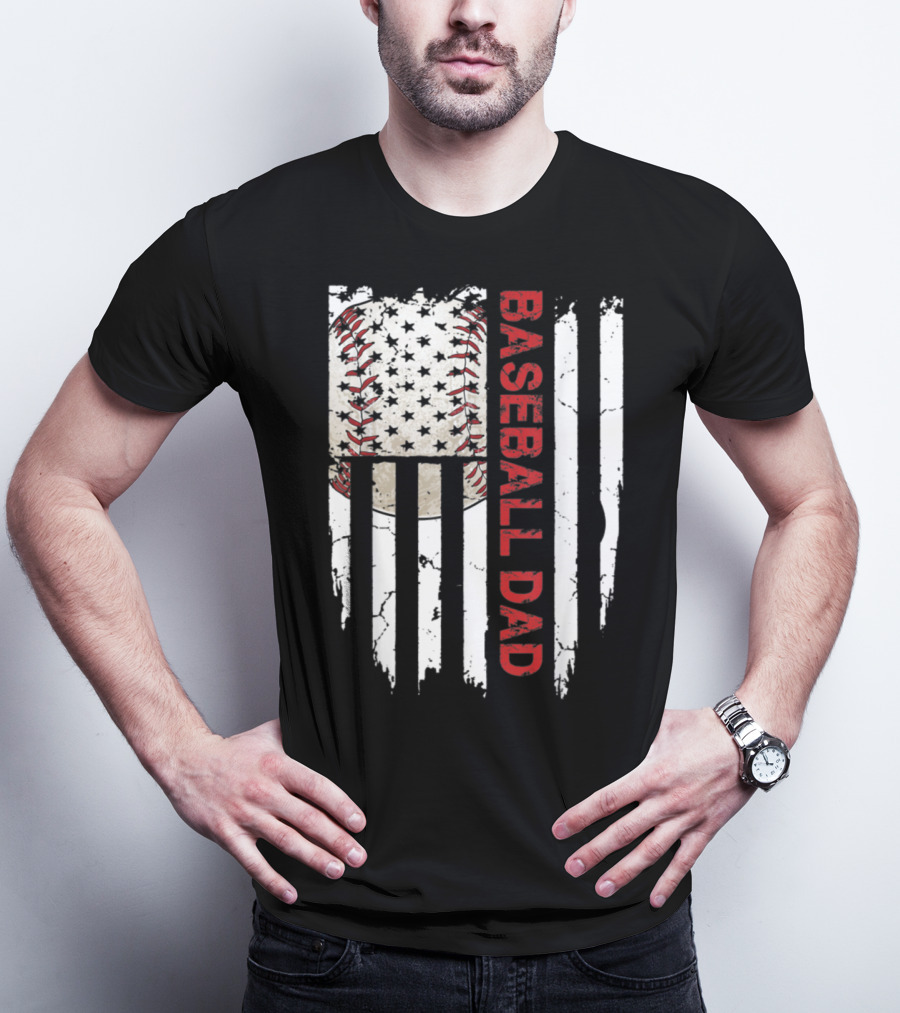 Baseball Dad American Flag Patriotic Stars Stripes Sports Enthusiast T-Shirt