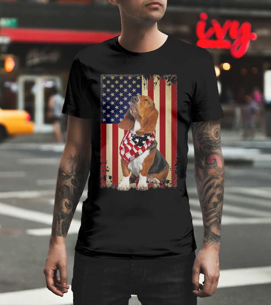 Basset Hound With American Flag Scarf Against USA Flag Background T-Shirt