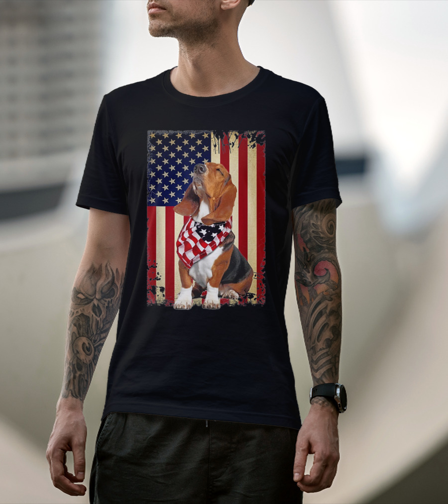 Basset Hound With American Flag Scarf Against USA Flag Background T-Shirt