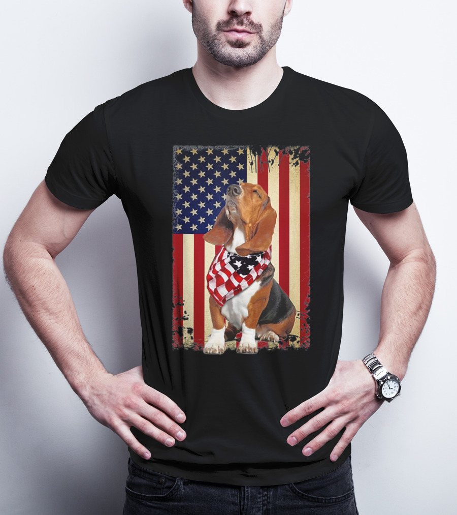 Basset Hound With American Flag Scarf Against USA Flag Background T-Shirt