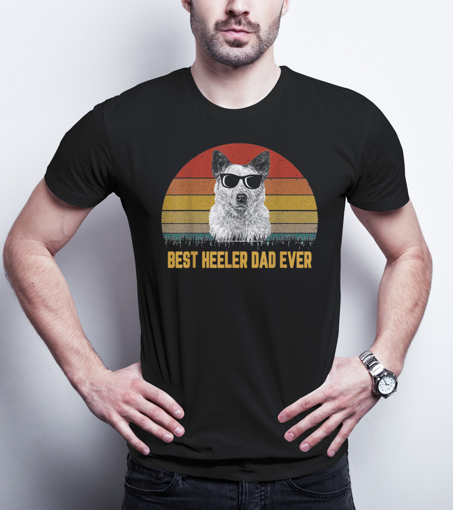 Best Heeler Dad Ever Retro Sunglasses Dog Sunset T-Shirt