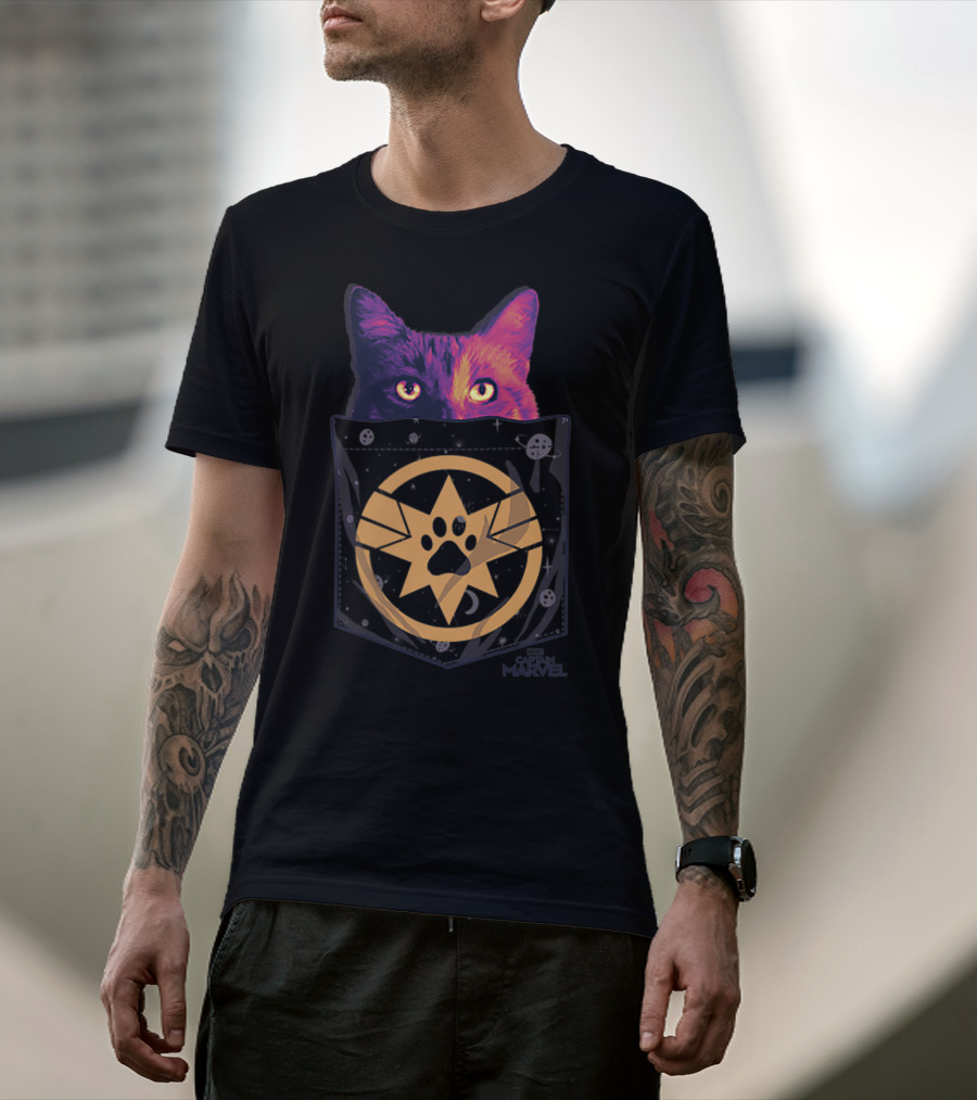 Captain Marvel Goose Paw Print Cosmic Pocket Cat T-Shirt