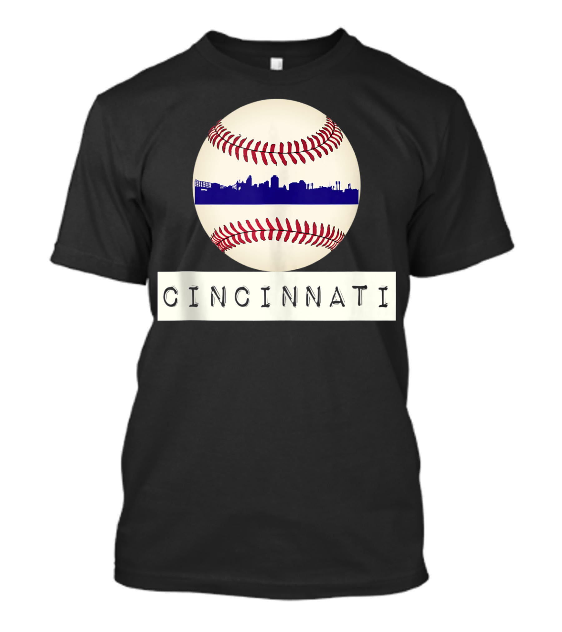Cincinnati Skyline On Baseball With Red Stitches T-Shirt