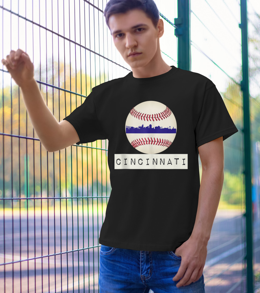 Cincinnati Skyline On Baseball With Red Stitches T-Shirt