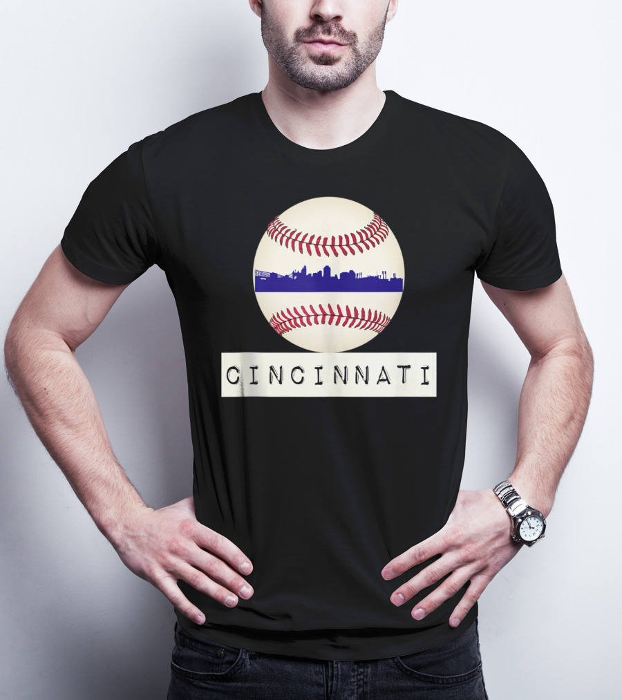 Cincinnati Skyline On Baseball With Red Stitches T-Shirt