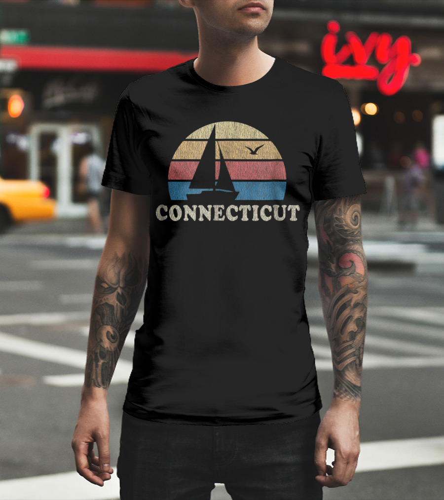 Connecticut 70s Vintage Sailboat Sunset Throwback T-Shirt