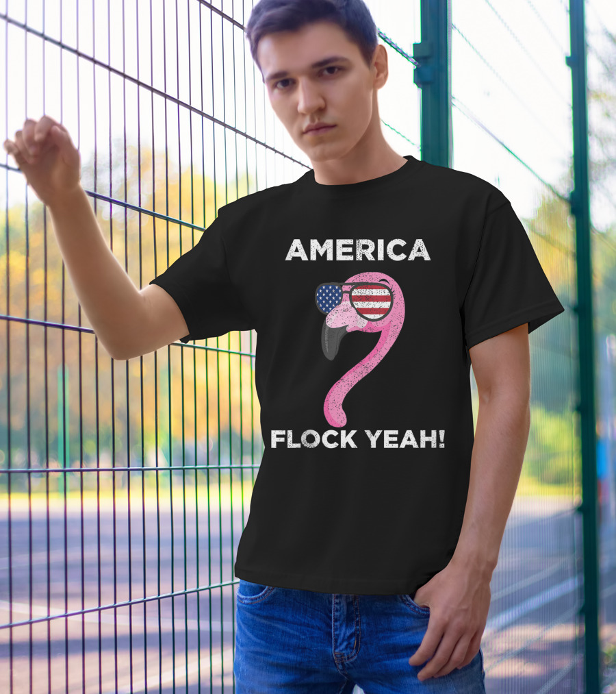 America Flock Yeah Flamingo With American Flag Glasses T-Shirt