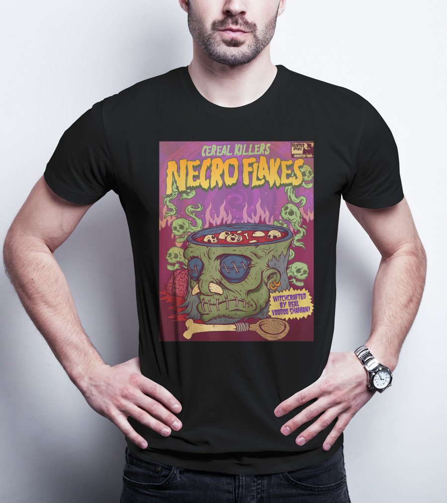 Cereal Killers Necro Flakes Witchcrafted By Real Voodoo Shaman Monster Food Horror Fans Nerds T-Shirt