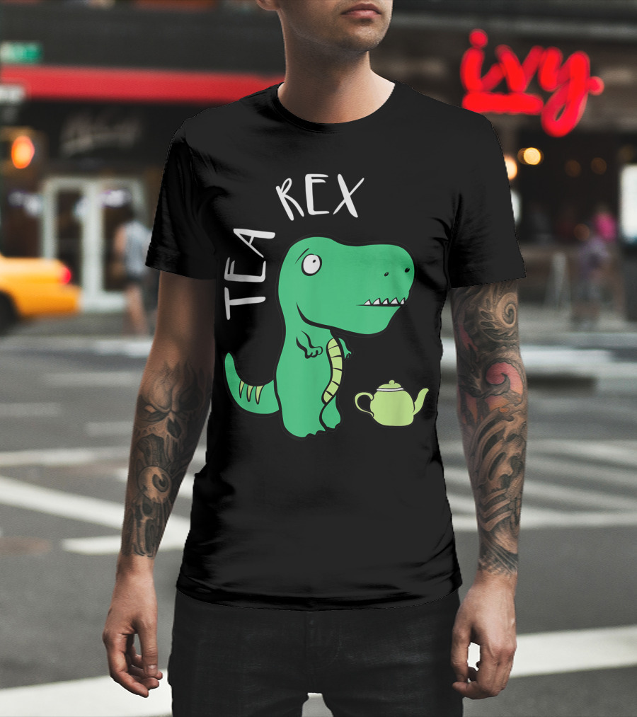 Tea Rex Dino With Green Teapot Cute Tea Time T-Shirt
