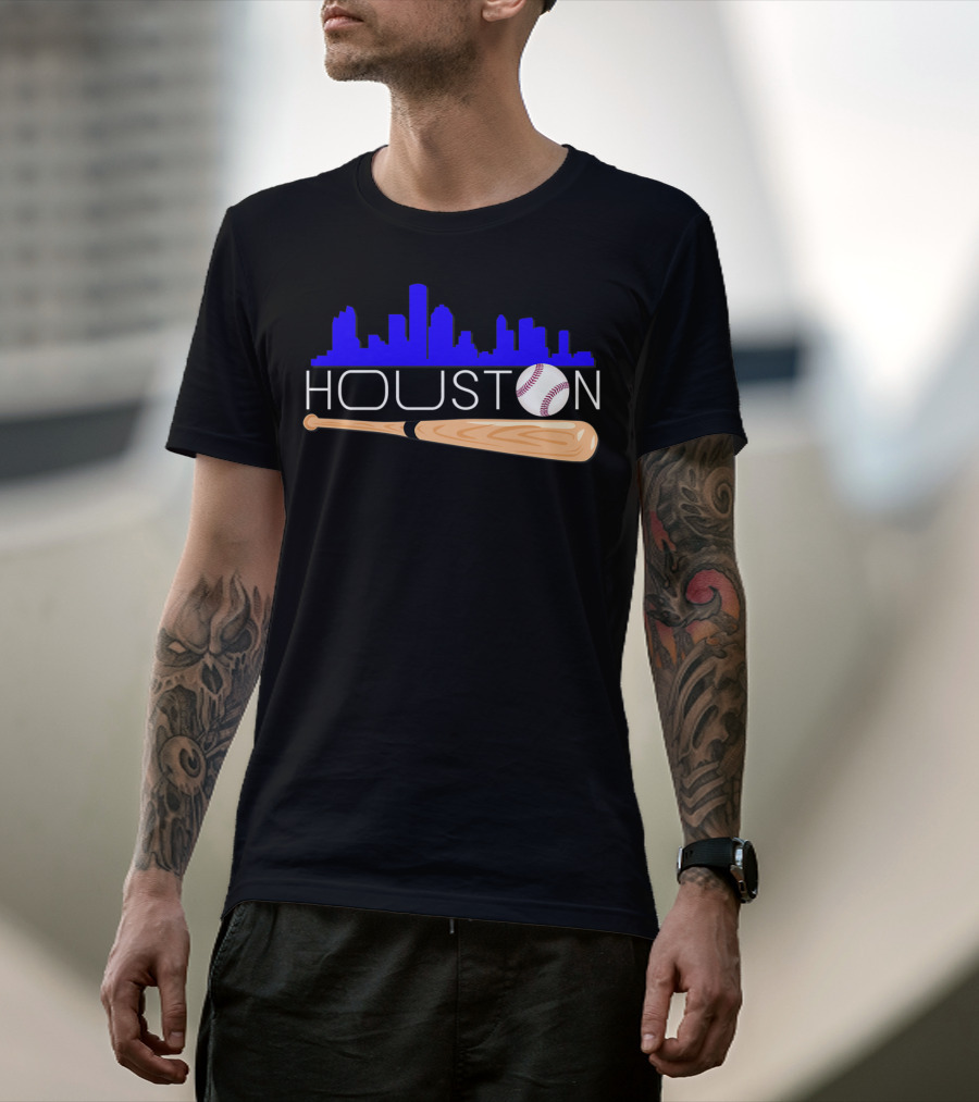 Houston Baseball Astro Font Skyline With Bat And Ball T-Shirt