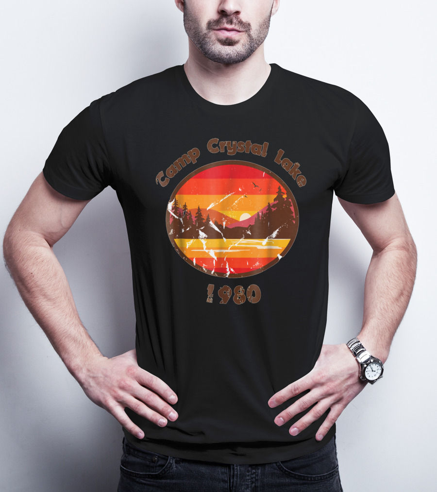 Camp Crystal Lake 1980 Retro Sunset Forest Scene T-Shirt