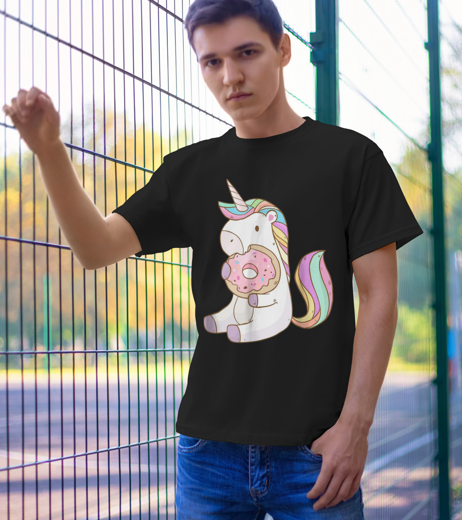Cute Hungry Unicorn Enjoying A Delicious Donut With Sprinkles T-Shirt