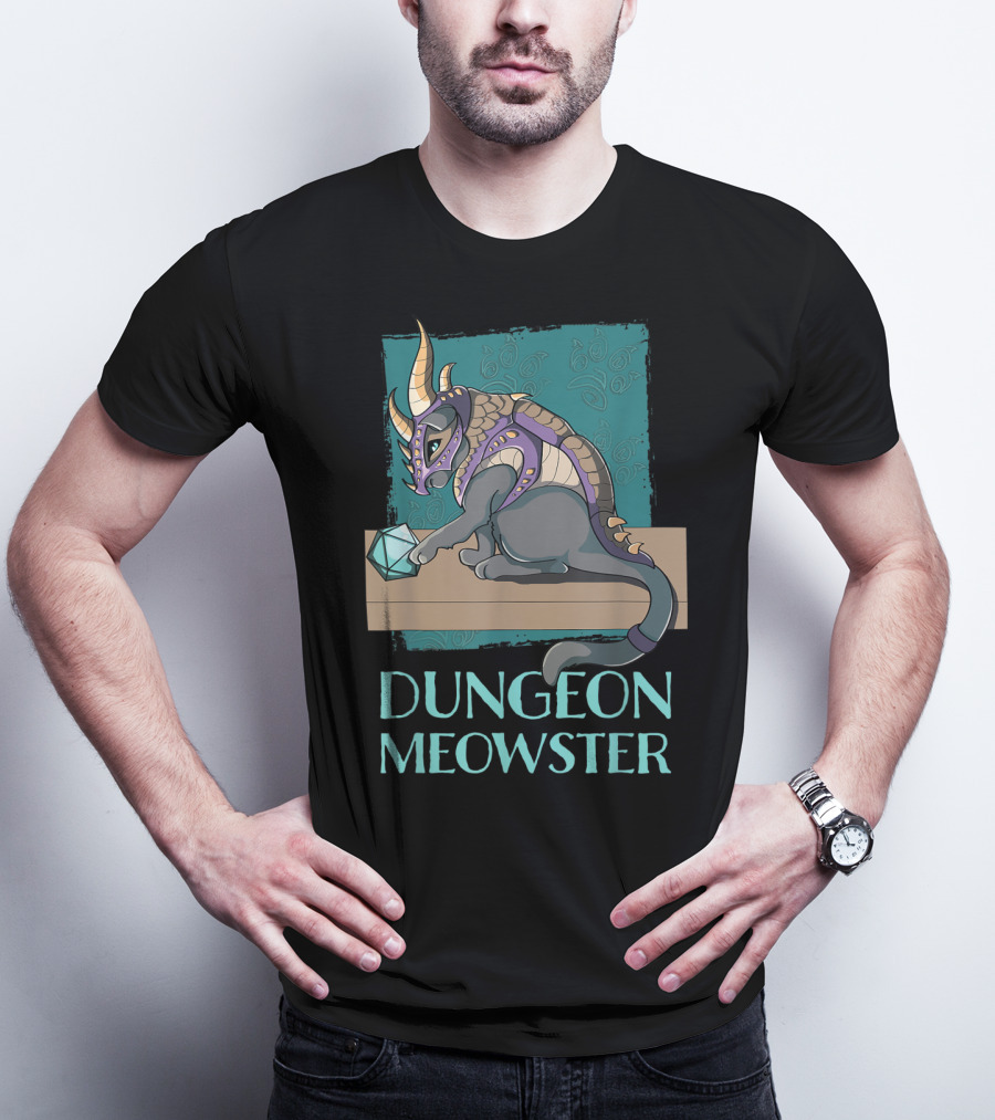 Dungeon Meowster Cat With Dragon Armor Playing With Dice T-Shirt