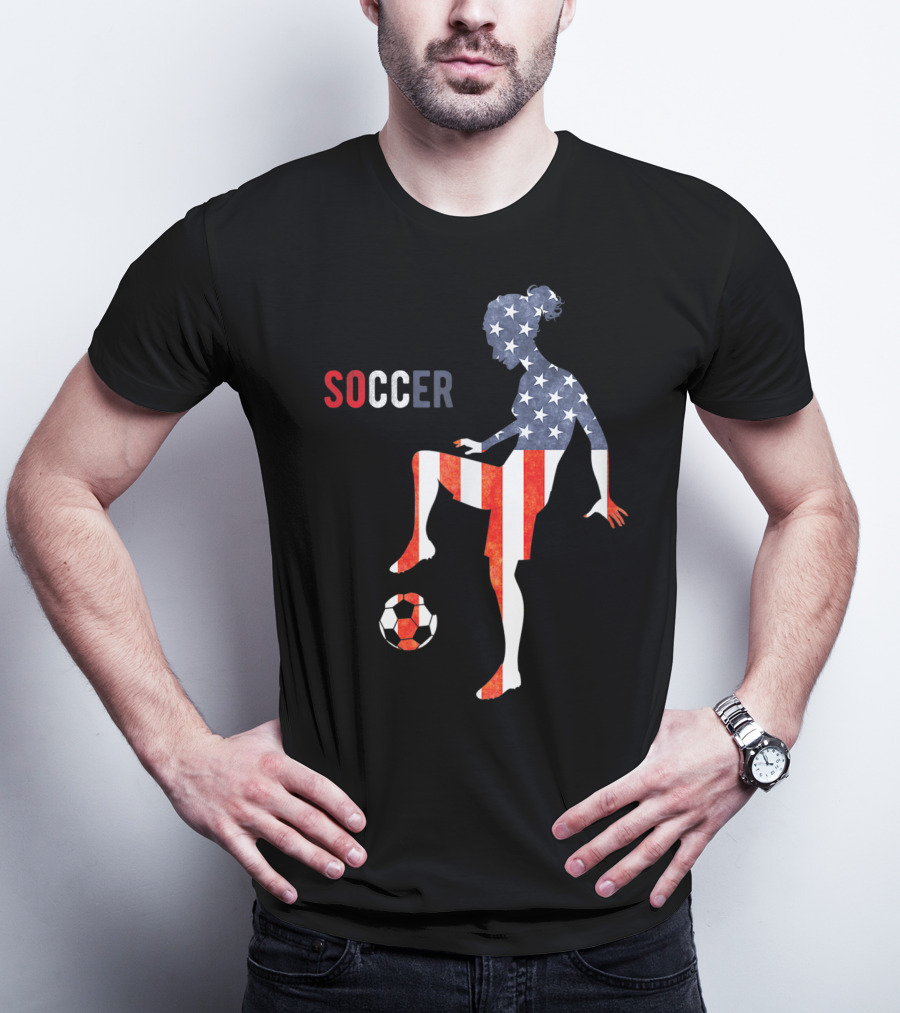American Flag USA Soccer Player Silhouette Girl T-Shirt