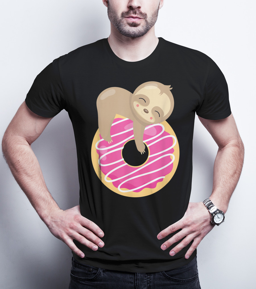 Baby Sloth Sleeping On Pink Frosted Donut T-Shirt