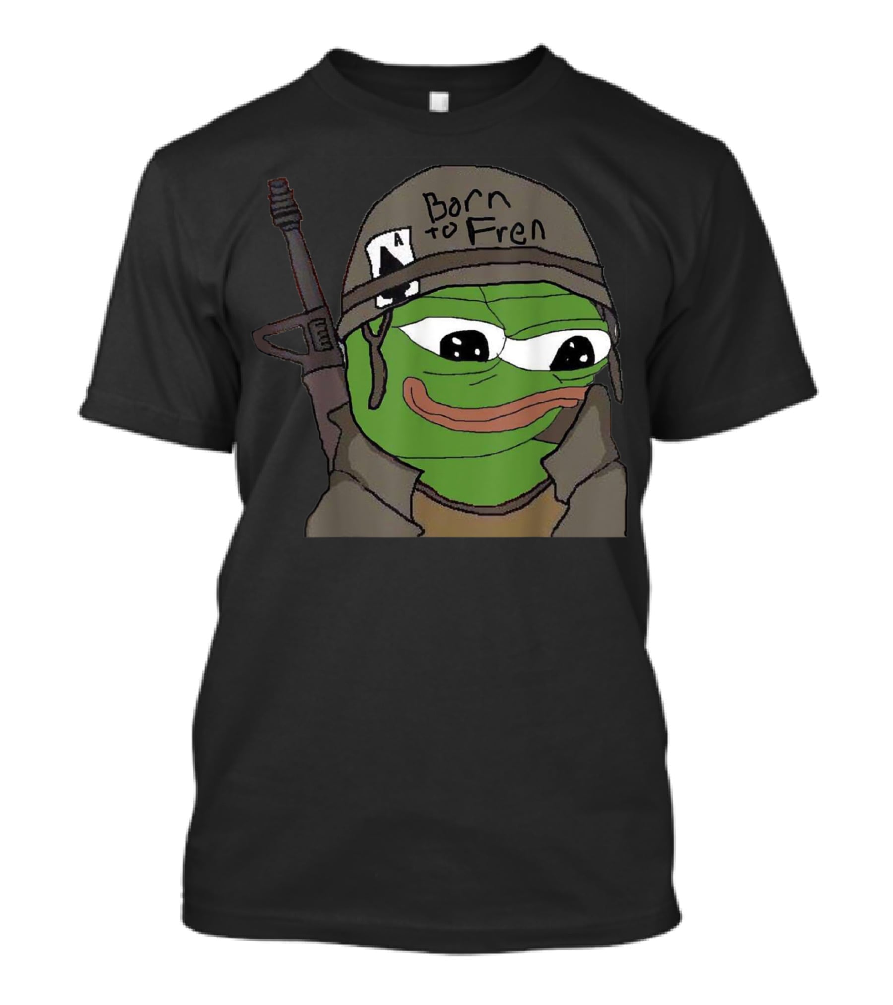 Born To Fren Pepe Military Helmet Cartoon With Rifle T-Shirt